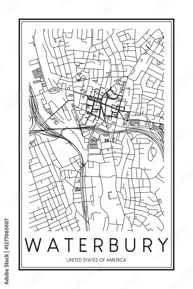 Printable downtown road map poster of the USA town of WATERBURY on ...