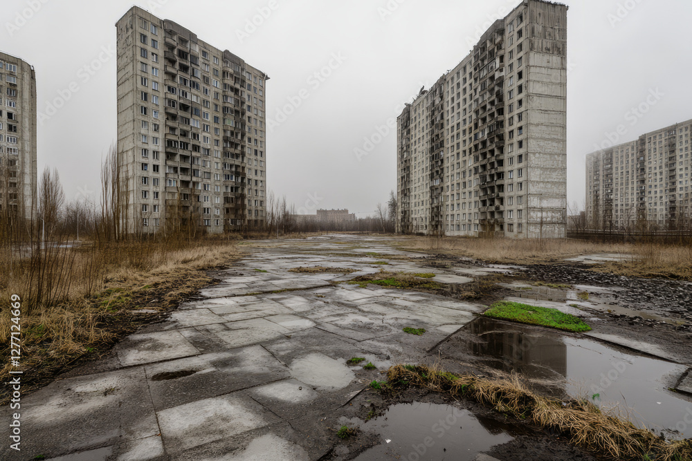A Soviet-era brutalist architectural background with towering ...