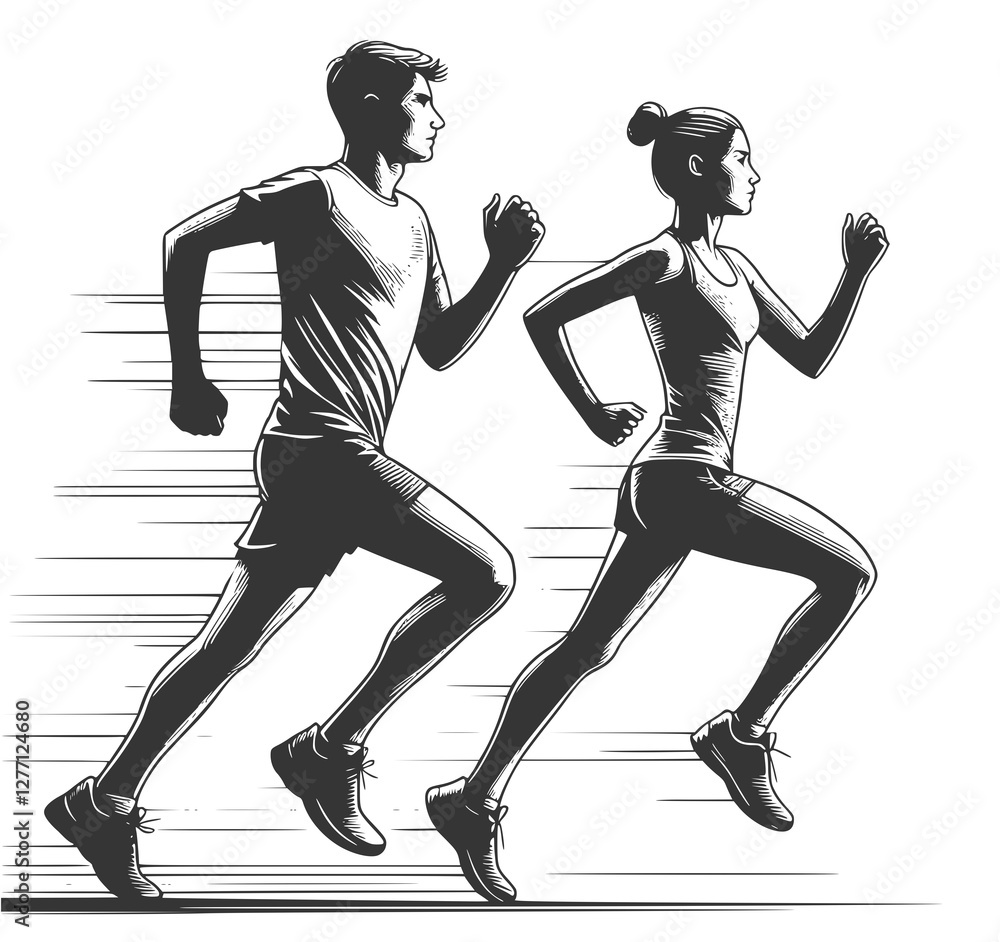 Running man and woman, isolated vector silhouettes. Run, side view ...