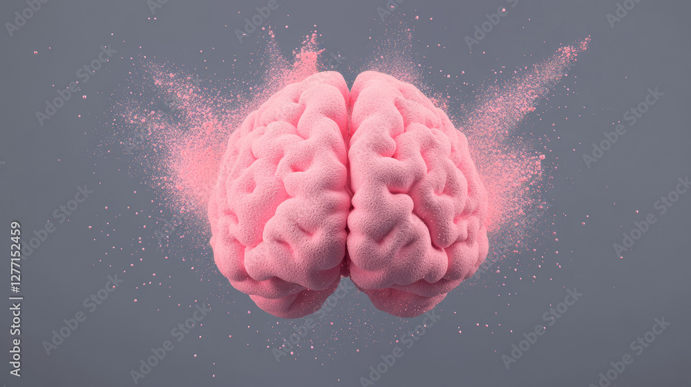 realistic human brain exploding into particles, conceptual artwork of ...