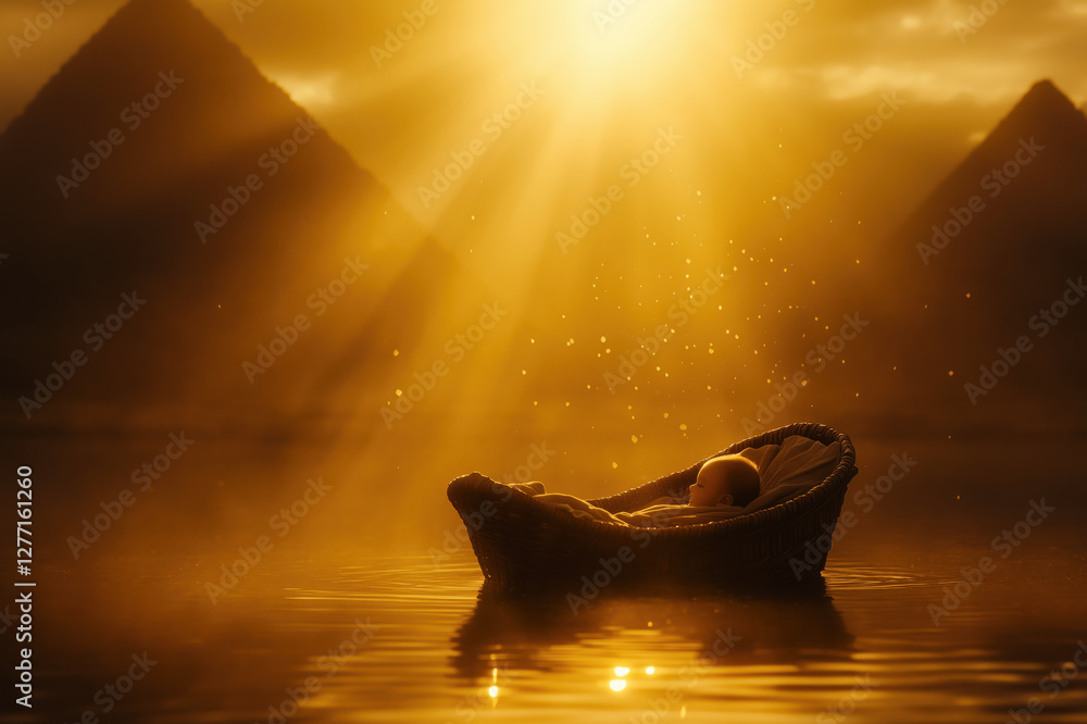 Baby Moses Floating in Basket Against Pyramids of Egypt, Bible Concepts ...