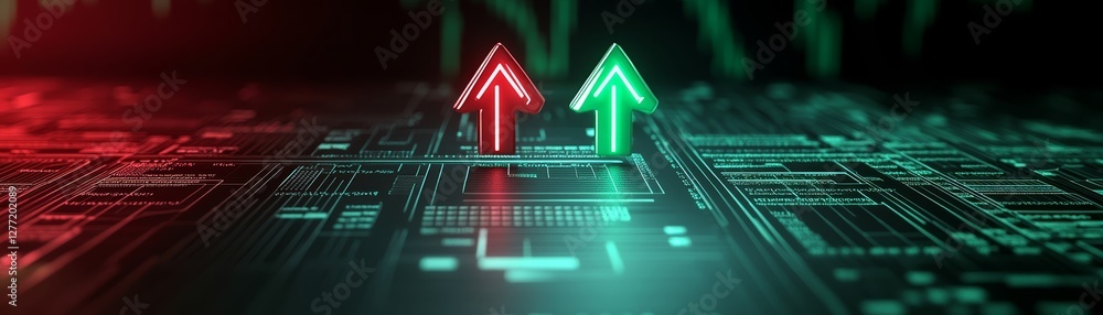 Directional arrows on circuit board visualizing data flow and ...