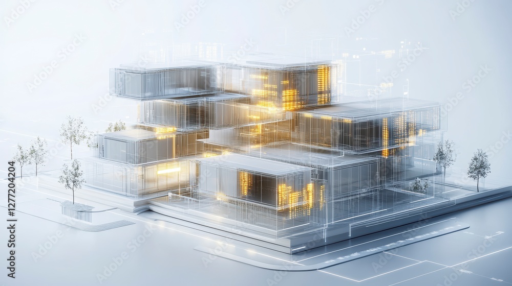 Futuristic architectural design, urban planning, illuminated building ...