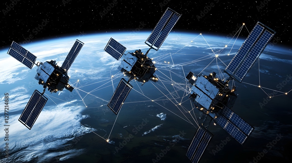 3D render of a network of interconnected low poly satellites orbiting ...