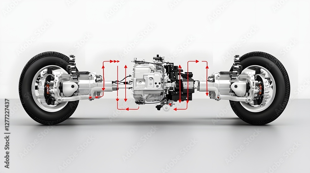 Detailed Cutaway Diagram of Vehicle Powertrain Components and Energy ...