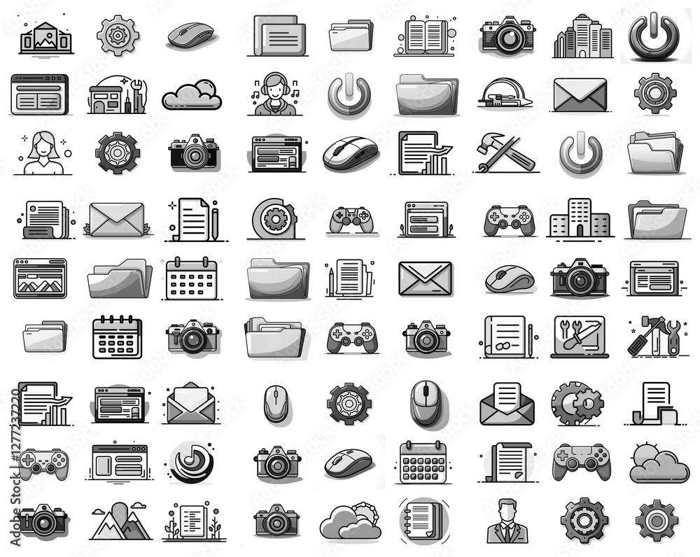 Collection of grayscale icons presenting various concepts, including ...