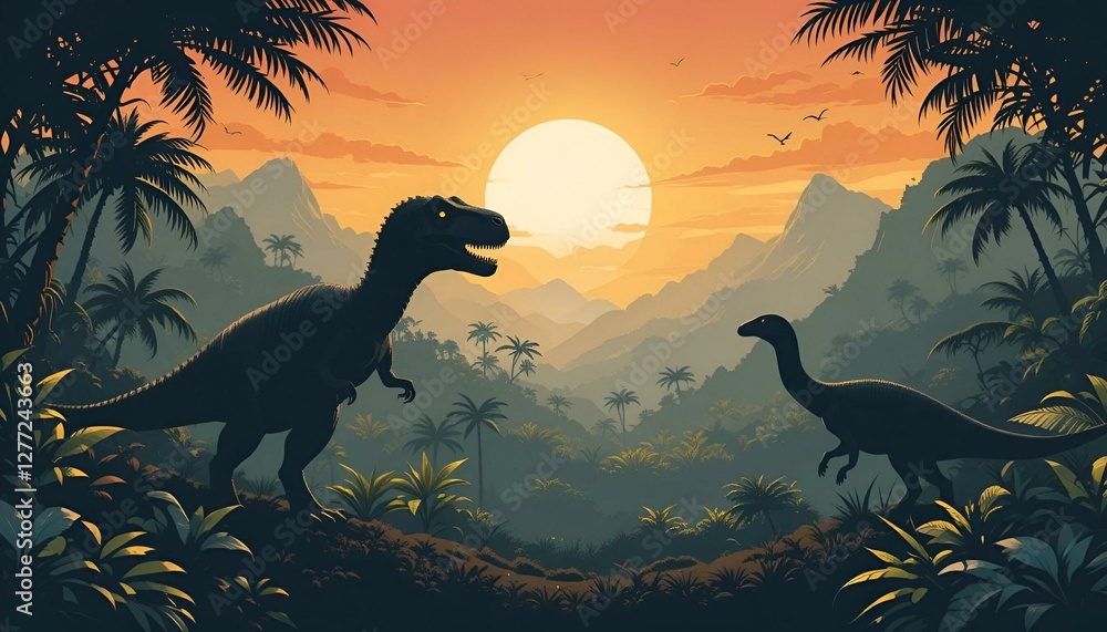 Prehistoric dinosaurs, landscape banners of jurassic forest nature and ...