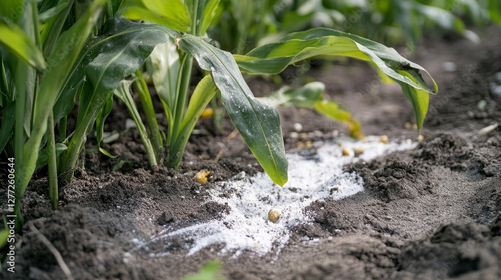 Toxic fertilizer near garden plants showing signs of chemical burn ...