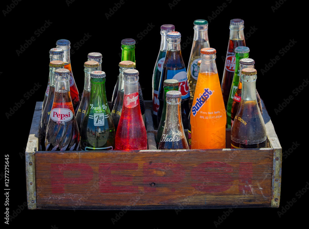 A collection of vintage soda bottles in a wooden crate, showcasing ...