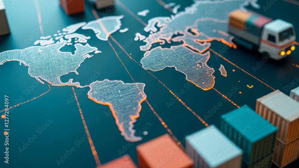 World map with shipping containers and truck representing global trade ...