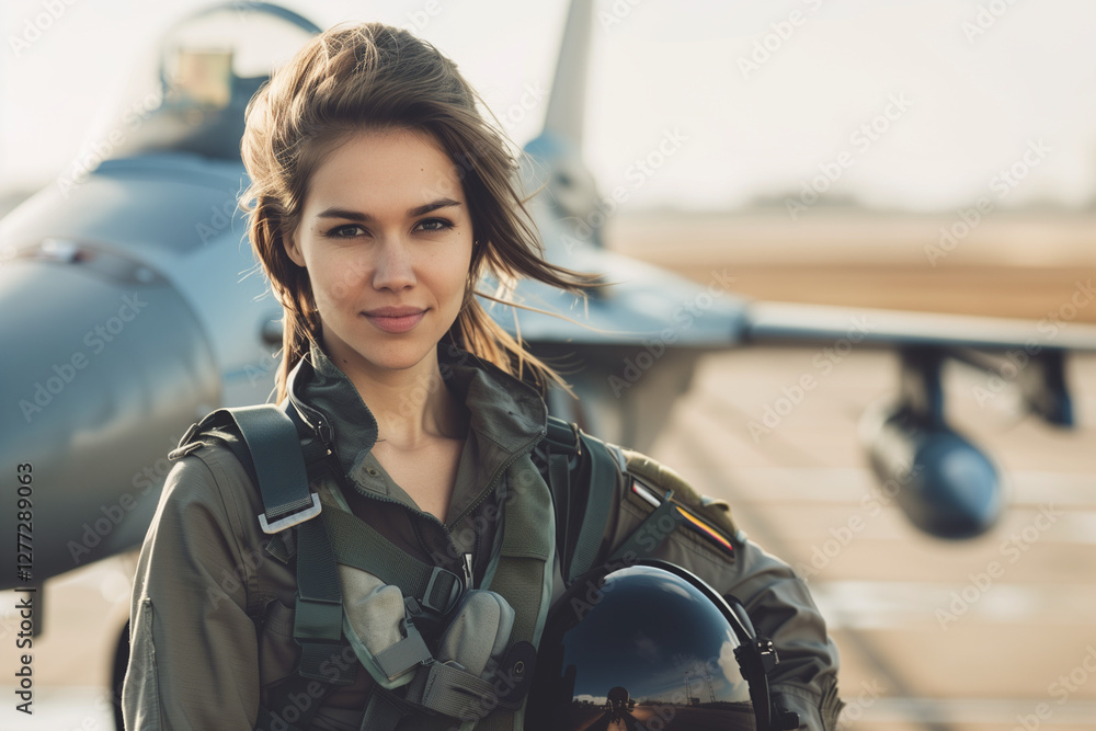 Female Pilot Holding Helmet in Front of Fighter Jet as a Representation ...