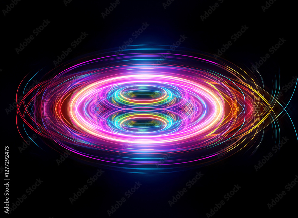Abstract luminous light streaks in oval formation over a black backdrop ...