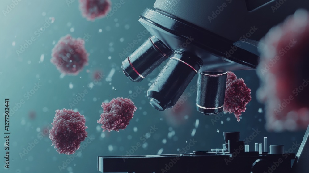 Aging cells magnified under a microscope in a laboratory. Featuring ...