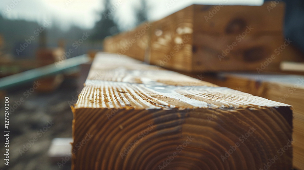 Installing Wooden Beams for New Structure: Workers positioning sturdy ...