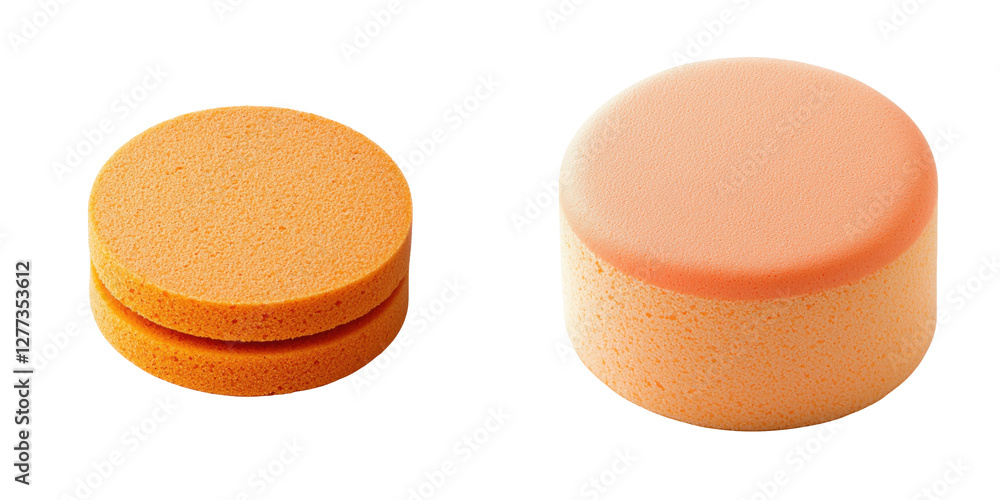 Isolated png sponge cake. Two circular sponges, one orange and one ...