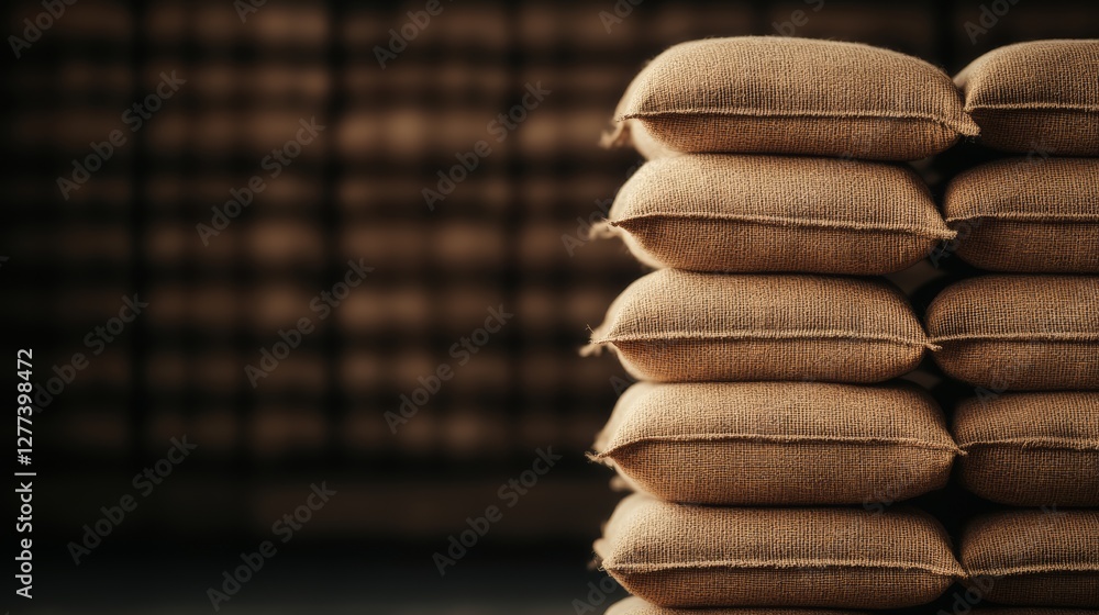 sacks of wheat being stacked in a warehouse, export-ready grains ...