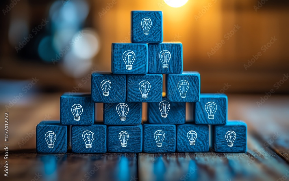 Professional business management teamwork stacked blue blocks lightbulb ...