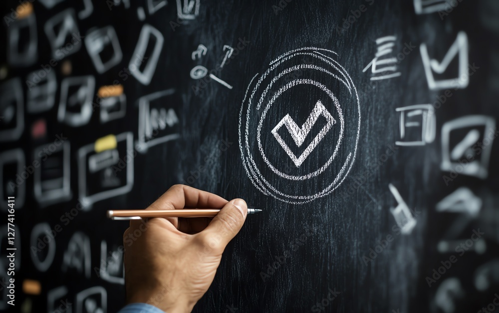 Businessman drawing documents and check mark on chalkboard document ...