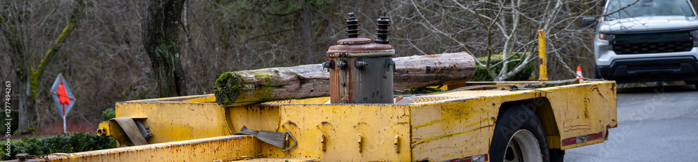 Residential power line maintenance and upgrade, heavy yellow trailer ...