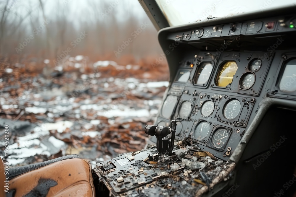 Burnt airplane cockpit controls, melted dials and shattered glass ...