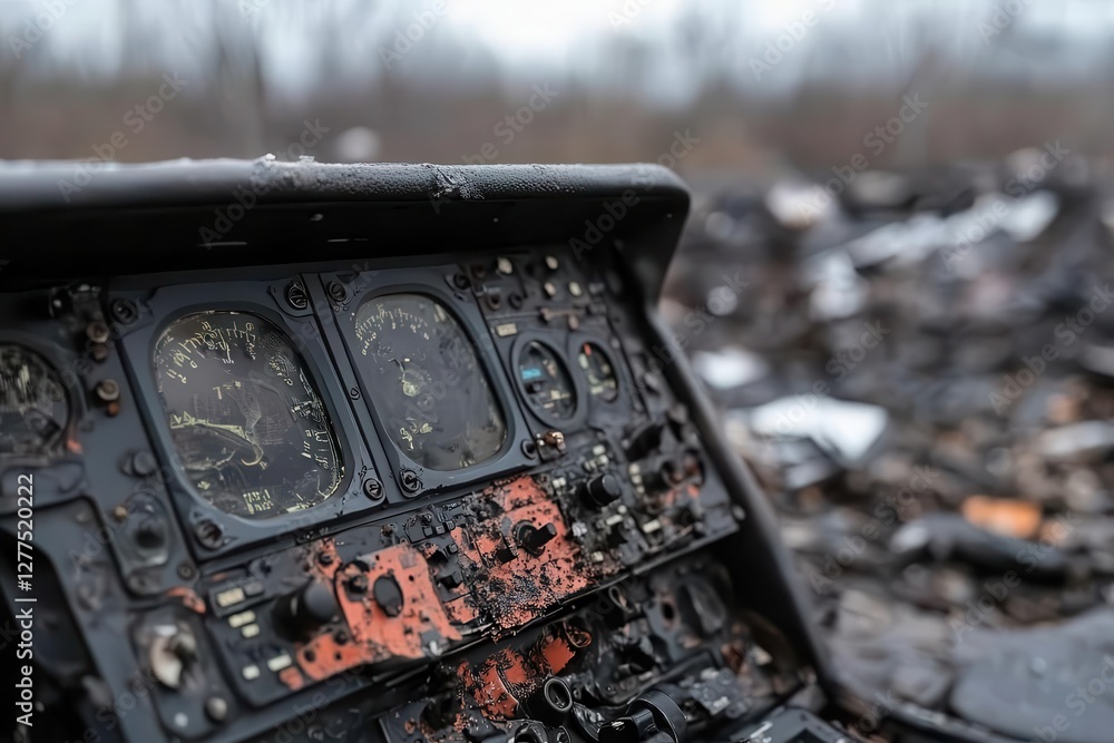 Burnt airplane cockpit controls, melted dials and shattered glass ...