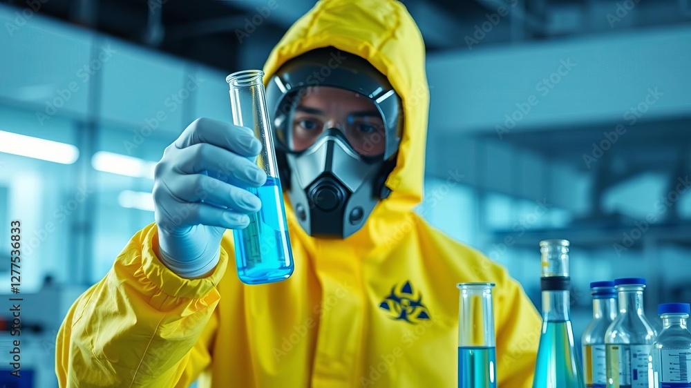 Male researcher in hazmat suit conducting experiment by adding blue ...
