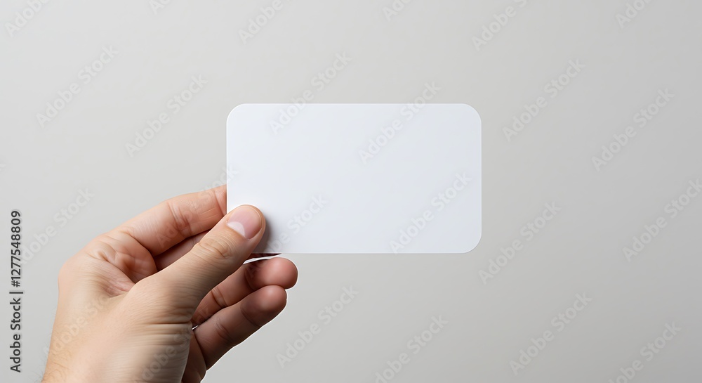 Hand hold blank white card mockup with rounded corners. Plain call-card ...
