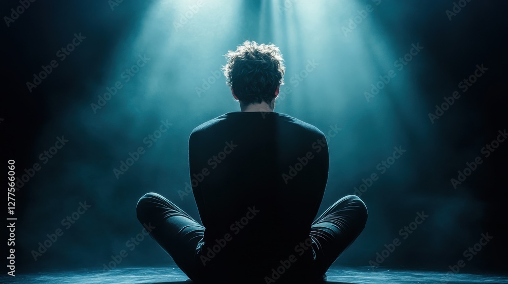 Person Sitting in Meditation with Light Rays and Smoke Background Stock ...