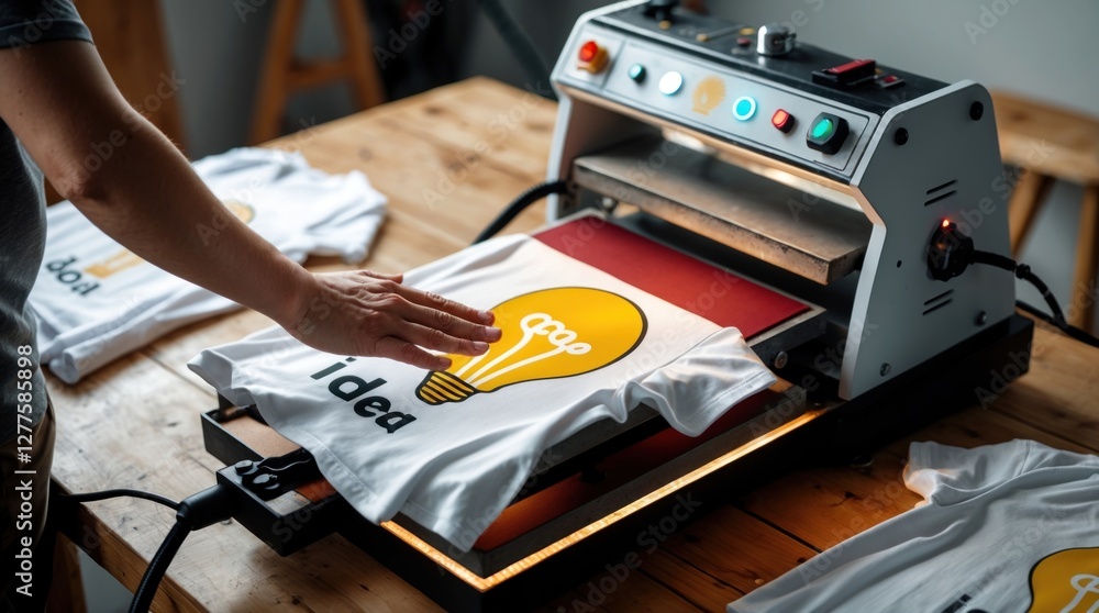 Custom T-Shirt Printing Process with Heat Press Machine Stock Photo ...