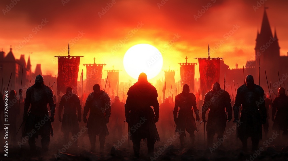 The sun rising over a kingdom in ruins, knights bowing their heads in ...