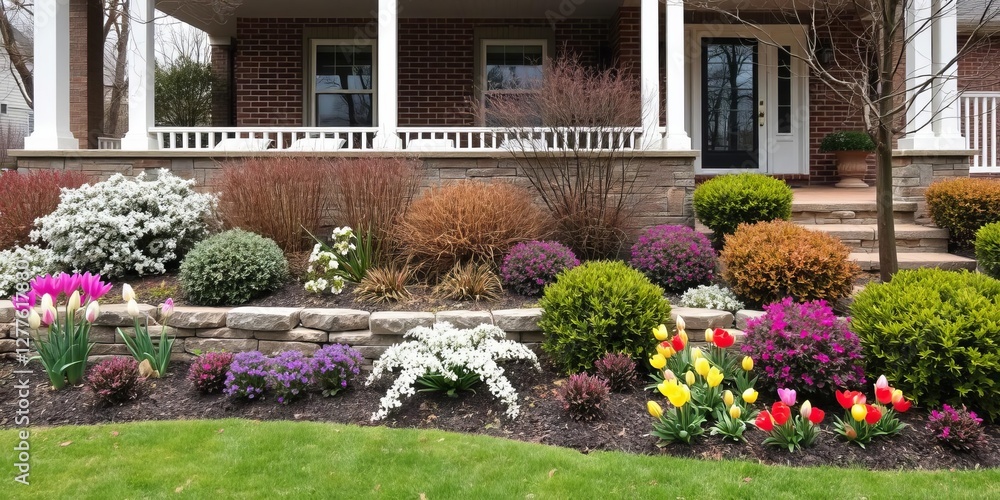 Beautiful urban front yard spring garden with veranda, brick paver ...