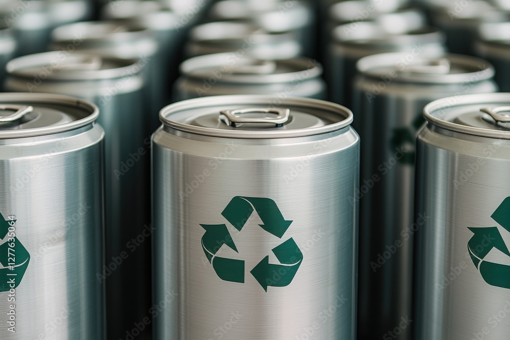 Collection of Steel Cans Featuring Prominent Recycling Symbols in a ...