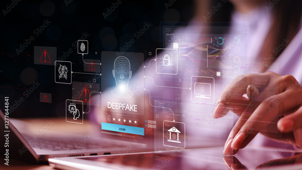 Deepfake concept ,Facial tracking, detection and recognition technology, Security system. Cyber ...