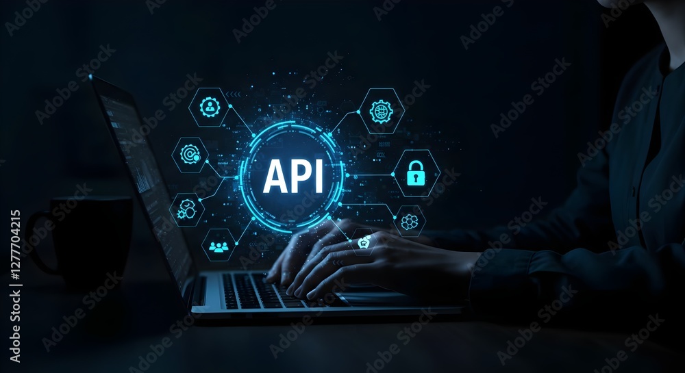 API Application Programming Interface Concept. A programmer types on a laptop, interacting with ...