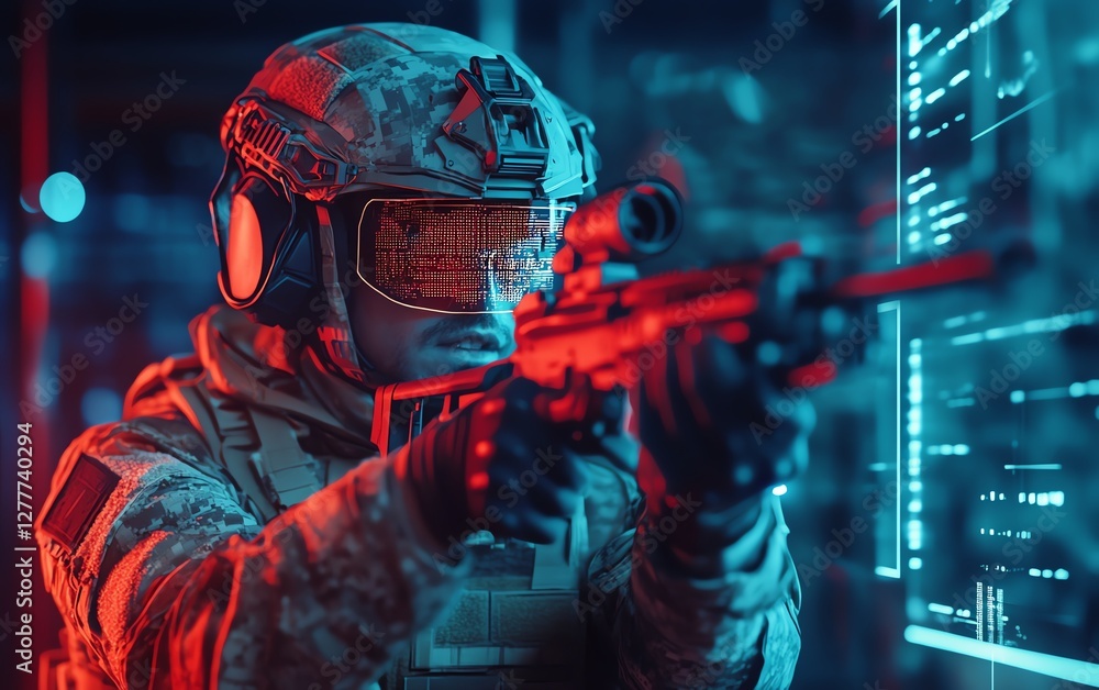 Nighttime soldier using futuristic technology, illuminated by glowing ...