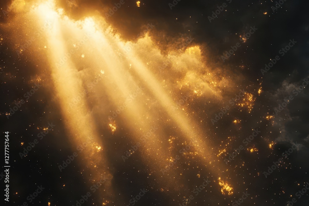 dramatic sunburst breaking through storm clouds creating golden rays ...