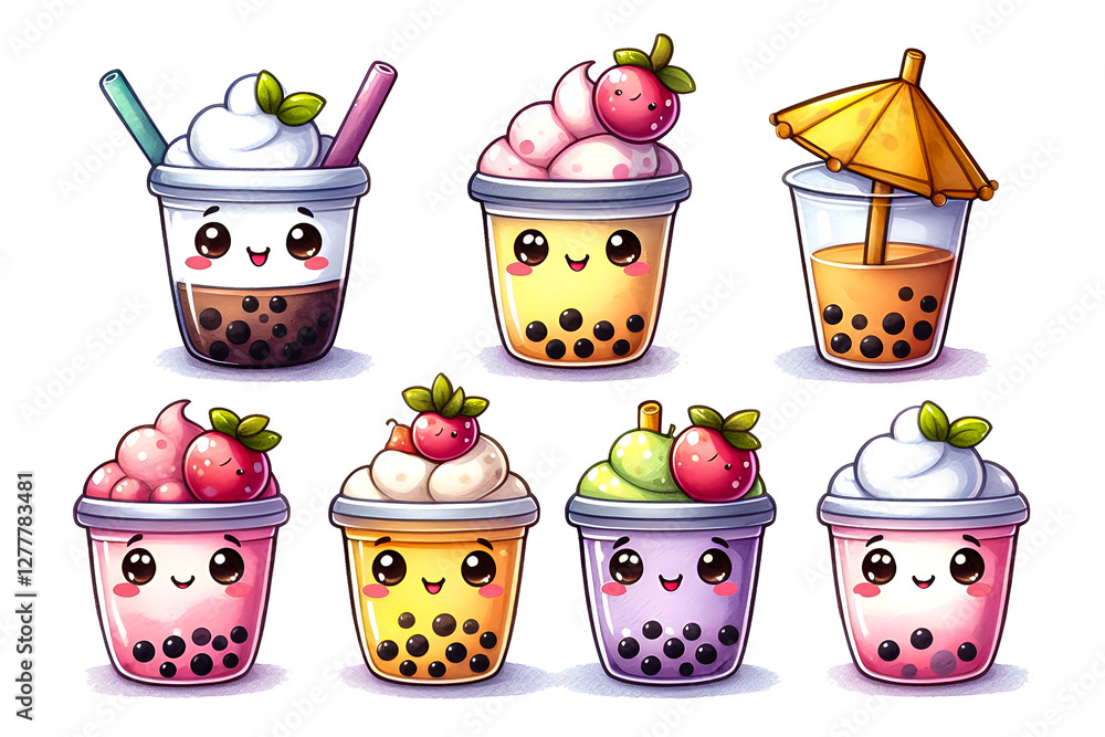 Watercolor Clipart of a colorful cute Boba tea. Watercolor clipart ...