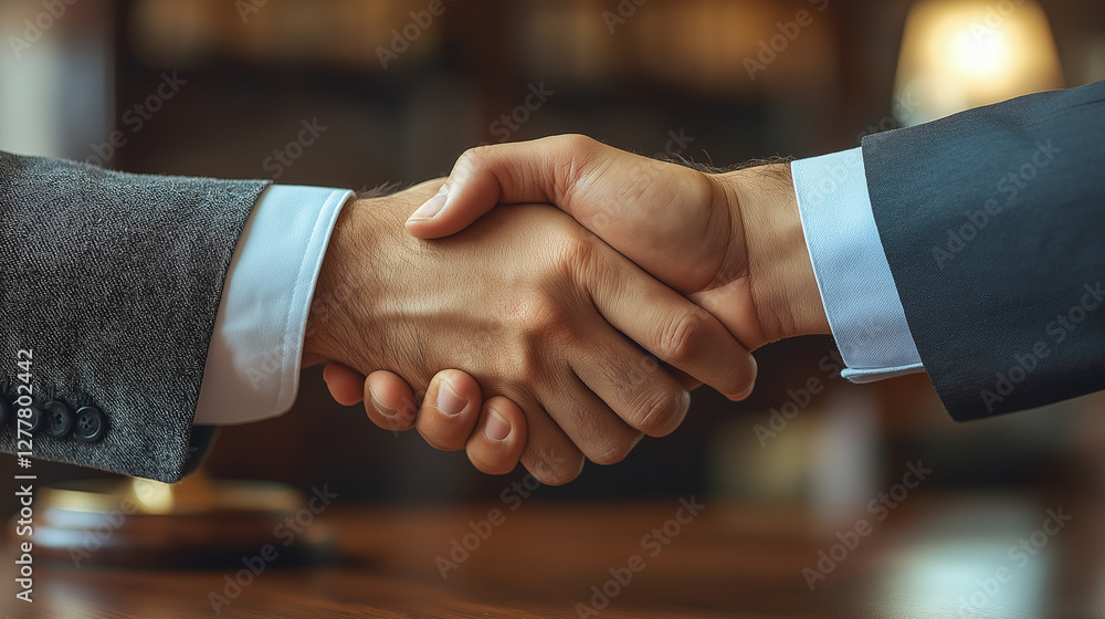 Agreement in Handshake: A close-up shot captures a firm handshake between two business partners ...