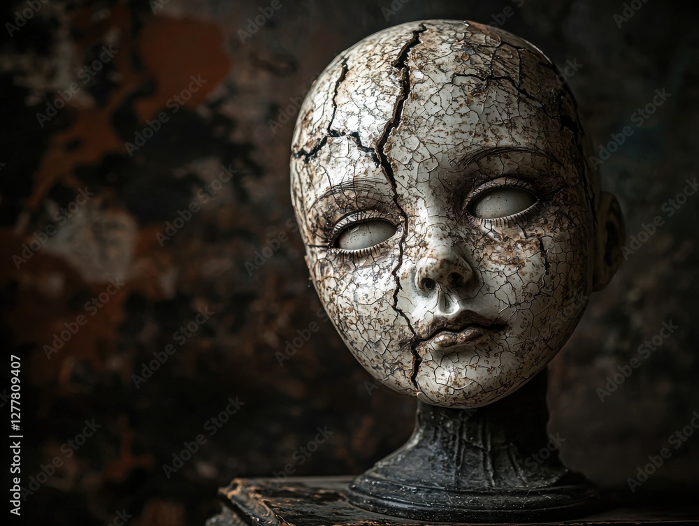 Cracked porcelain doll head with eerie expression and dark background ...