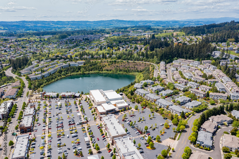 Aerial drone view of Beaverton, Oregon, featuring Progress Lake Park ...