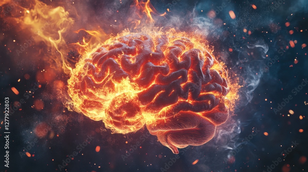 Hyper-realistic burning brain with embers and smoke, symbolizing stress ...