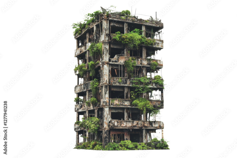 Abandoned building covered in greenery, showcasing urban decay and ...