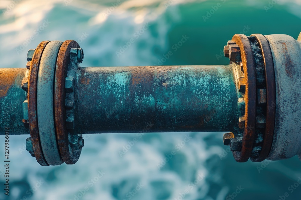 Rusty metallic pipe with flange connections, showing signs of age and ...