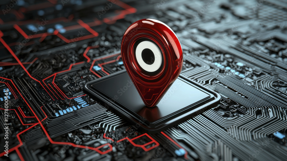 red location pin on circuit board background, symbolizing technology ...