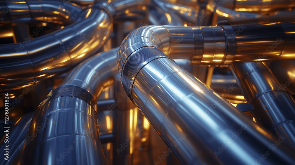 network of shiny metal pipes with warm lighting creates industrial ...