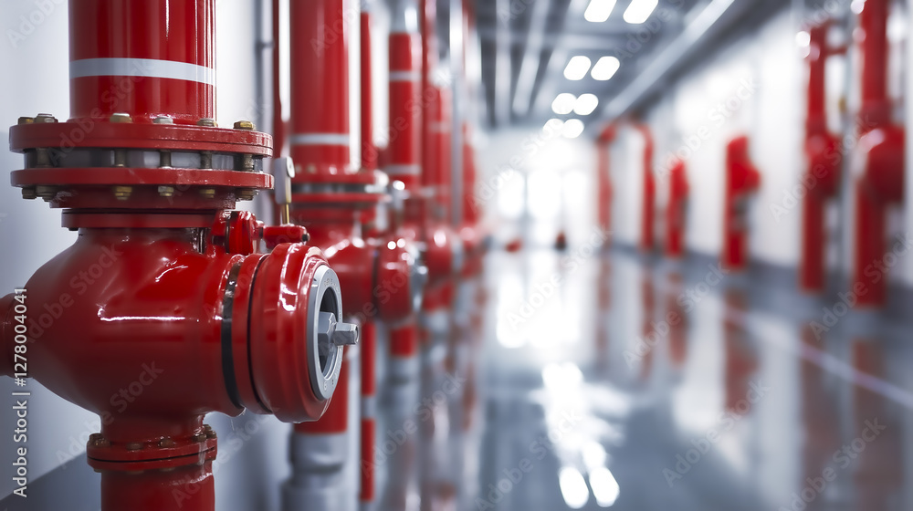 Red fire suppression system pipes line modern industrial hallway ...