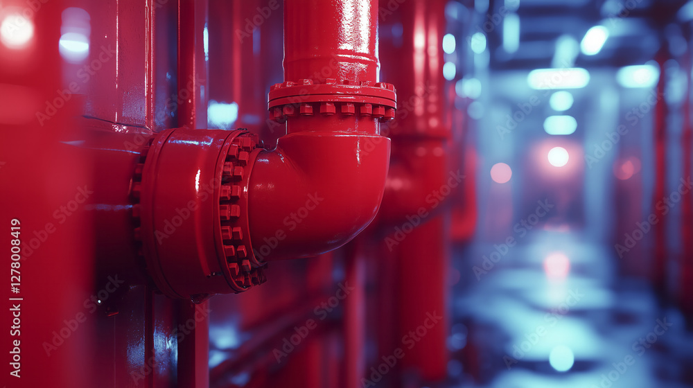 Red industrial pipes in dimly lit environment create futuristic ...
