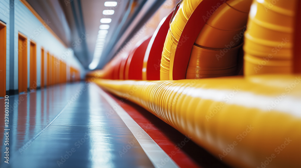 vibrant industrial corridor features colorful fire suppression piping ...