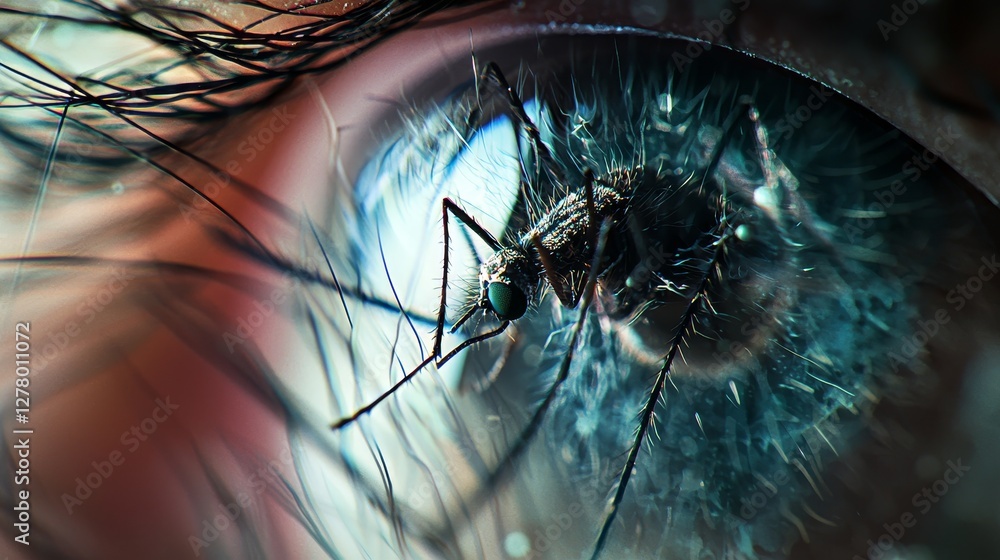 Aedes aegypti mosquito magnified under a microscope, with detailed body parts, realistic human ...