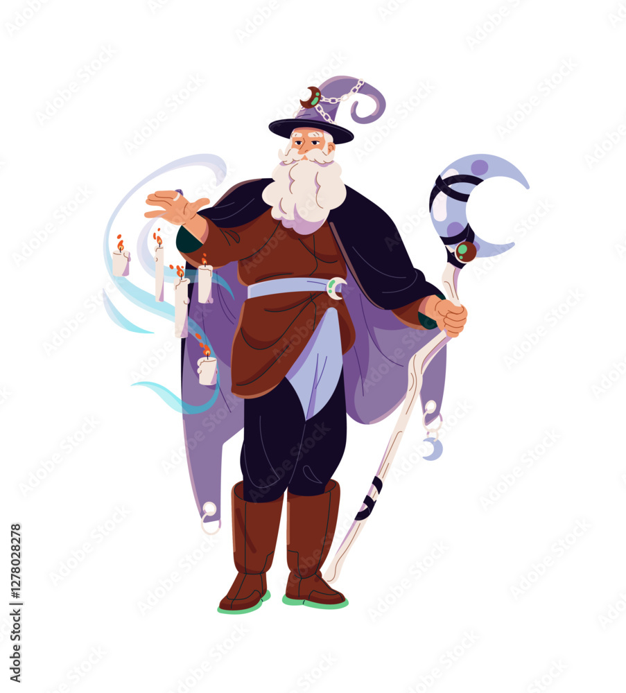 Medieval wizard, old magic character spells. Bearded magician in cloak ...